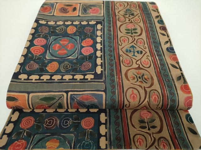 平和屋着物●六通柄袋帯　紬地　型絵染　草花間道　正絹　逸品　DAAX4178ps