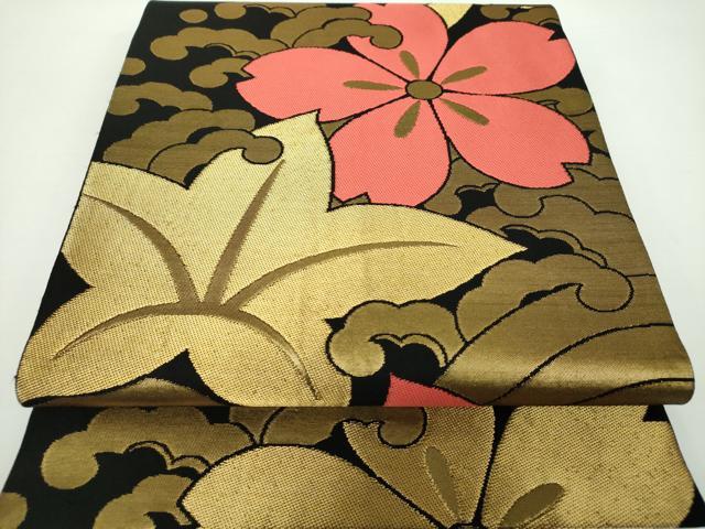平和屋着物●織物一筋名門　織悦　全通柄　本袋帯　立波桜楓文　黒地　金糸　正絹　逸品　DAAX4181ps