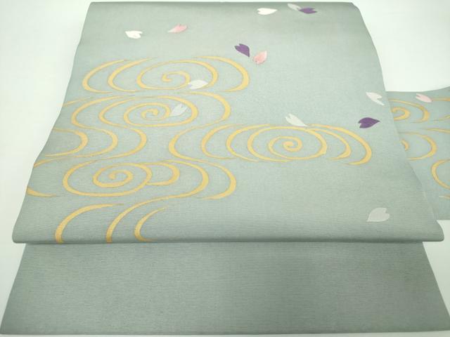 平和屋着物●九寸名古屋帯　刺繍　流水桜　金彩　金通し地　正絹　逸品　DAAX4194ps