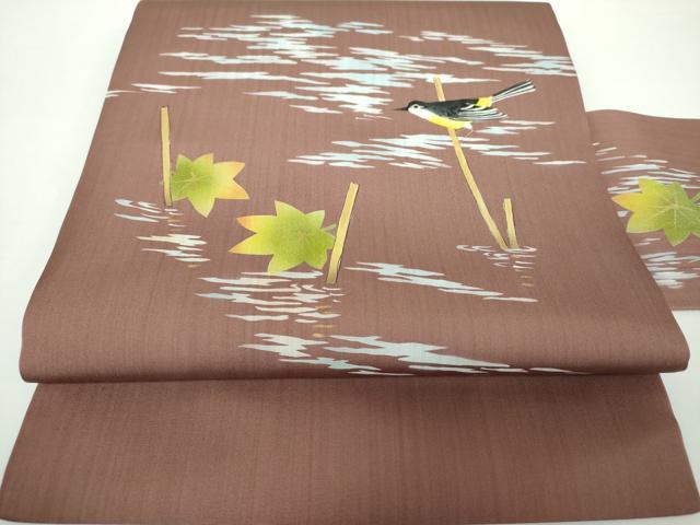 平和屋着物●塩瀬　九寸名古屋帯　作家物　手描き　休み鳥　竜田川　金彩　正絹　逸品　DAAX4195ps