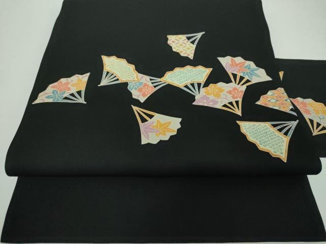 平和屋着物●塩瀬　九寸名古屋帯　扇面花文　黒地　正絹　逸品　DAAX4207ps
