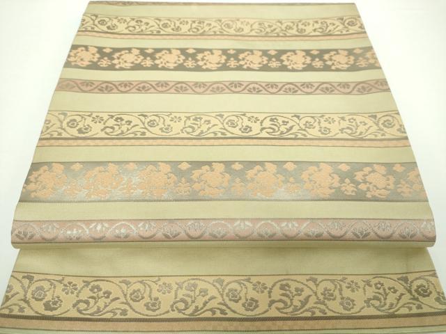 平和屋着物●九寸開き名古屋帯　横段花文　銀糸　正絹　逸品　DAAX4219ps