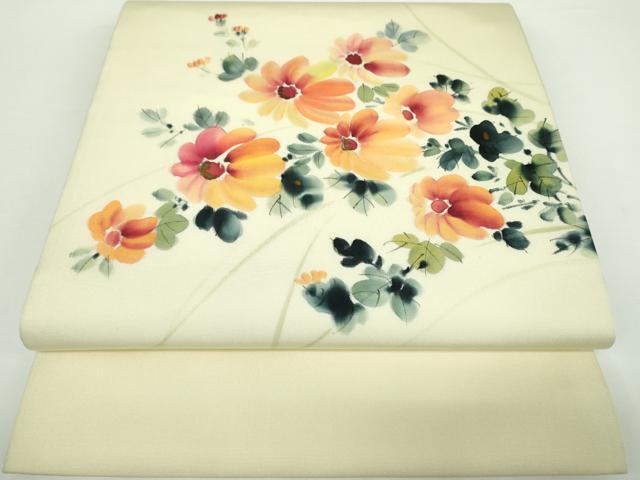 平和屋着物●塩瀬　九寸開き名古屋帯　作家物　手描き　草花文　金彩　正絹　逸品　DAAX4220ps