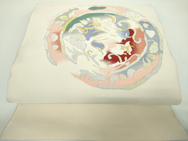 平和屋着物●爪掻き本綴れ　八寸名古屋帯　花絵皿　金銀糸　正絹　逸品　DAAX4224ps