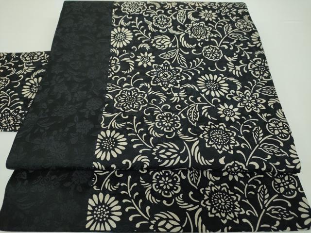 平和屋着物●九寸名古屋帯　作家物　伊勢型染　草花文　黒地　正絹　逸品　未使用　DAAX4230ps
