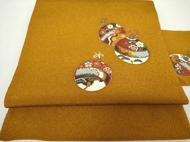 平和屋着物●九寸名古屋帯　鈴花文　鬼しぼ縮緬　金彩　正絹　逸品　DAAX4247ps