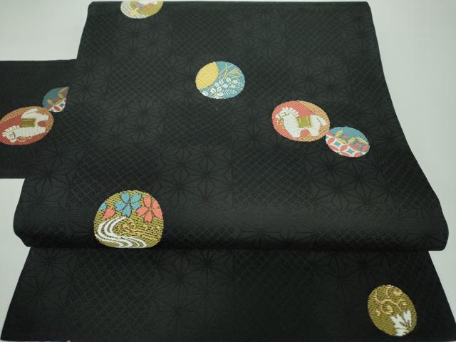 平和屋着物●九寸名古屋帯　唐織　花丸文　玩具文様　黒地　金糸　正絹　逸品　DAAX4257ps