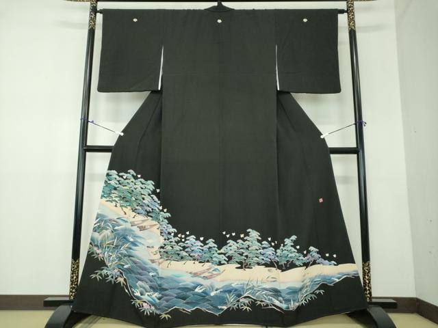 平和屋着物●豪華黒留袖　友禅　作家物　浜松文　千鳥　暈し染め　正絹　逸品　DAAX4269ps