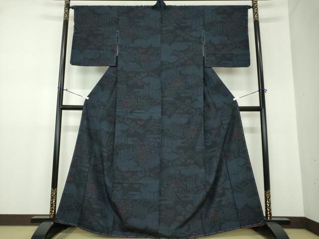 平和屋着物●結城紬　80亀甲　雲取り風景花文　正絹　逸品　DAAX4329ps