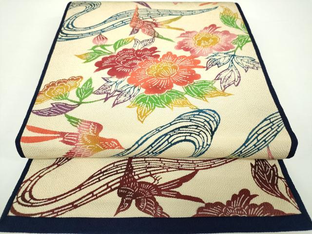 平和屋着物●全通柄九寸開き古屋帯　型染　流水花鳥文　正絹　逸品　DAAX4340ps