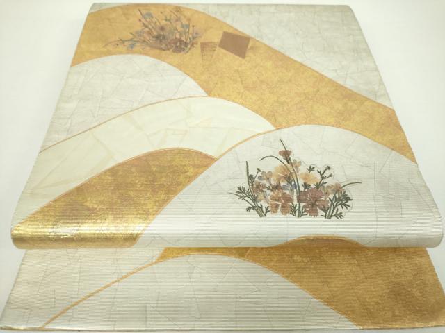 平和屋着物●太鼓柄袋帯　押し花　草花文　金銀彩　正絹　逸品　DAAX4352ps