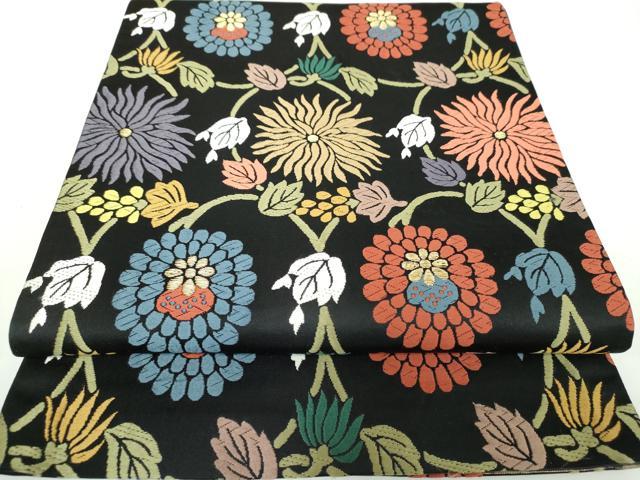 平和屋着物●染色作家　草野一騎　六通柄袋帯　唐織　花唐草文　黒地　金糸　正絹　逸品　DAAX4353ps