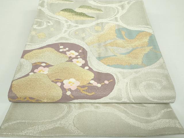 平和屋着物●爪掻き本綴れ　太鼓柄袋帯　立波飛鶴梅松文　金銀糸　正絹　逸品　DAAX4354ps