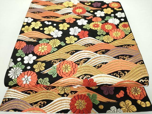 平和屋着物●六通柄袋帯　唐織　流水花文　黒地　金銀糸　正絹　逸品　DAAX4359ps