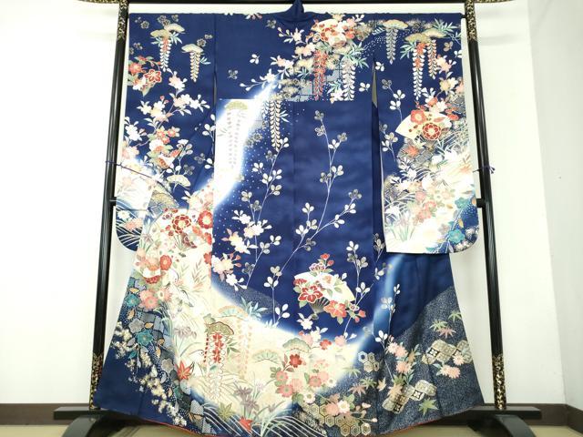 平和屋着物●豪華振袖　駒刺繍　扇面鴛鴦花文　暈し染め　金彩　正絹　逸品　DAAX4406ps
