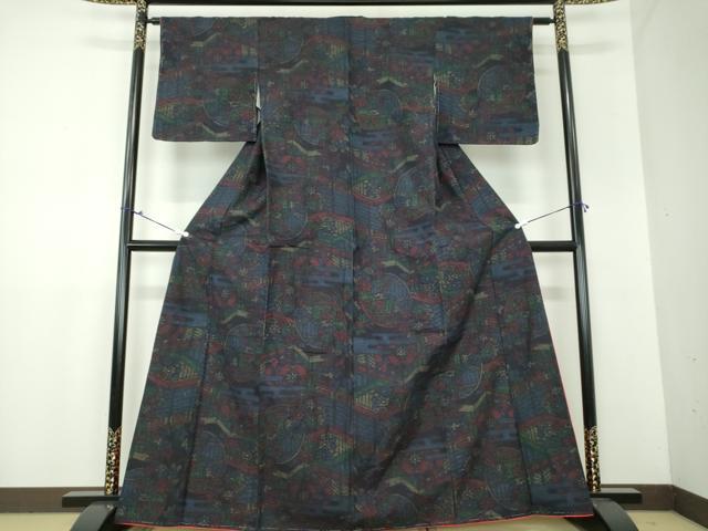 平和屋着物●結城紬　風景花文　正絹　逸品　DAAX4443ps