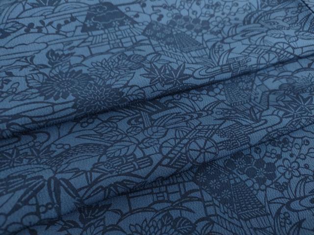 平和屋着物●本藍　型絵染　小紋　風景花文　正絹　逸品　DAAX4446ps