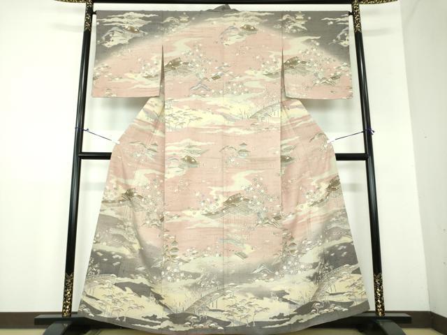 平和屋着物●生紬　訪問着　風景花文　金彩　鈴乃屋扱い　正絹　逸品　DAAX4464ps