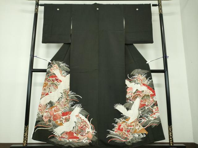 平和屋着物●アンティーク　大正ロマン　黒留袖　駒刺繍　立波御所車花文　金彩　正絹　逸品　DAAX4480ps