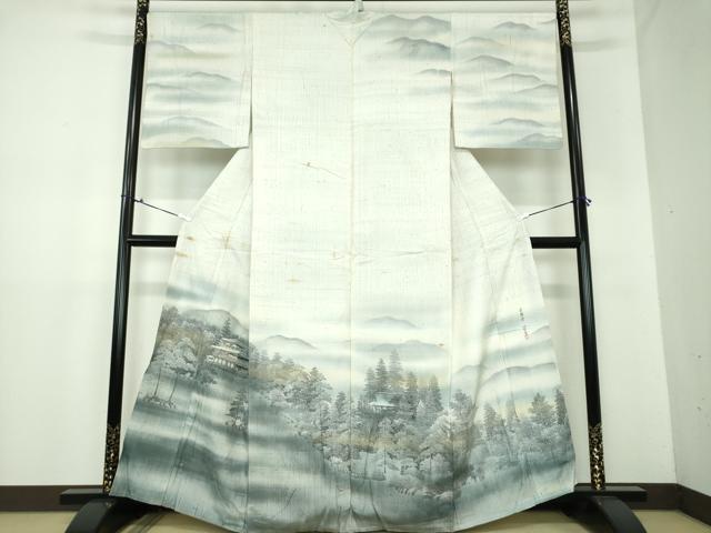 平和屋着物●訪問着　作家物　紬地　手描き　金閣寺　金彩　正絹　逸品　DAAX4499ps