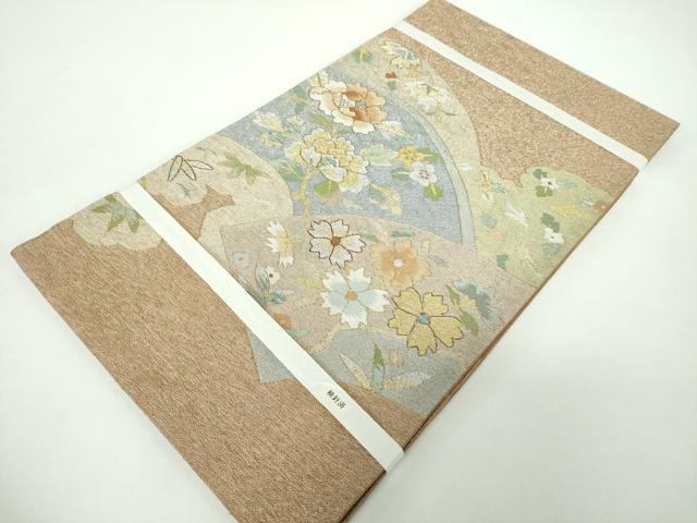 平和屋着物▽明綴れ　太鼓柄袋帯　スリーシーズン帯　春　夏　秋　地紙花文　金銀糸　正絹　逸品　未使用　DAAX4536ps