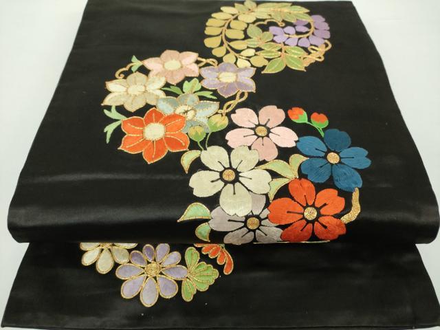 平和屋着物●アンティーク　大正ロマン　六通柄袋帯　駒刺繍　総刺繍　花丸文　黒地　金糸　正絹　逸品　DAAX4537ps
