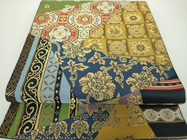 平和屋着物●全通柄　本袋帯　裂取名物裂類集　金糸　正絹　逸品　DAAX4545ps