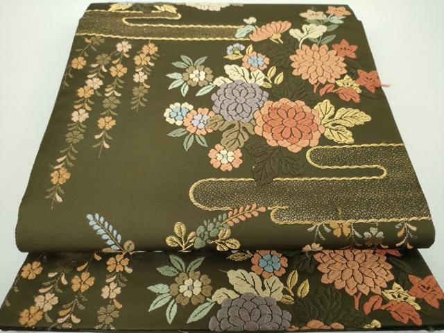 平和屋着物●六通柄袋帯　唐織　草木染　霞花文　金糸　正絹　逸品　DAAX4557ps