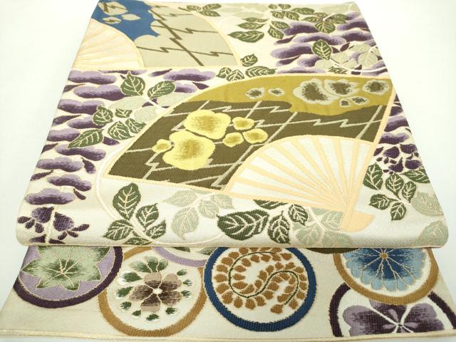 平和屋着物●西陣　白綾苑大庭　六通柄袋帯　扇面花文　金糸　正絹　逸品　DAAX4566ps