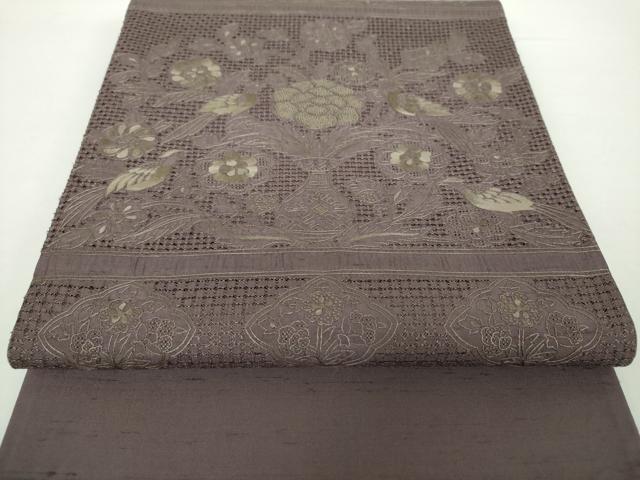 平和屋着物●西陣 中国三大刺繍 スワトウ相良刺繍 汕頭相良刺繍 総刺繍 太鼓柄袋帯 紬地 飾花花鳥文 証紙付き 正絹 逸品 未使用 DAAX4595ps