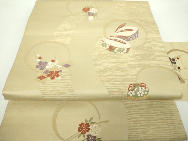 平和屋着物●九寸名古屋帯　唐織　花簪　兎　ぽっくり　金糸　正絹　逸品　DAAX4603ps