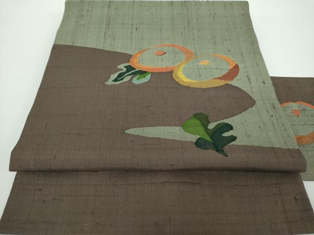 平和屋着物●西陣　宮階織物　宮繍苑　里葉　九寸名古屋帯　紬地　草花文　正絹　逸品　DAAX4623ps