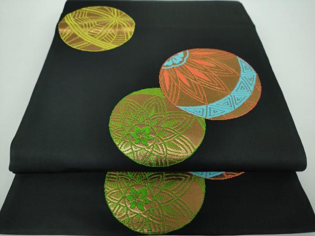 平和屋着物●桝屋高尾　全通柄九寸開き名古屋帯　手毬　黒地　金糸　正絹　逸品　DAAX4626ps