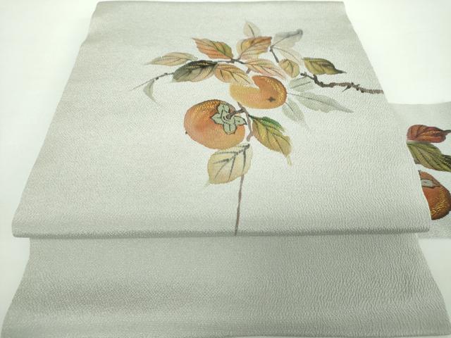 平和屋着物●九寸名古屋帯　手描き　成り物　柿　鬼しぼ縮緬　金彩　正絹　逸品　DAAX4627ps
