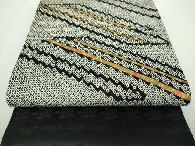 平和屋着物●九寸開き名古屋帯　刺繍　絞り　斜線花文　黒地　金彩　正絹　逸品　未使用　DAAX4629ps