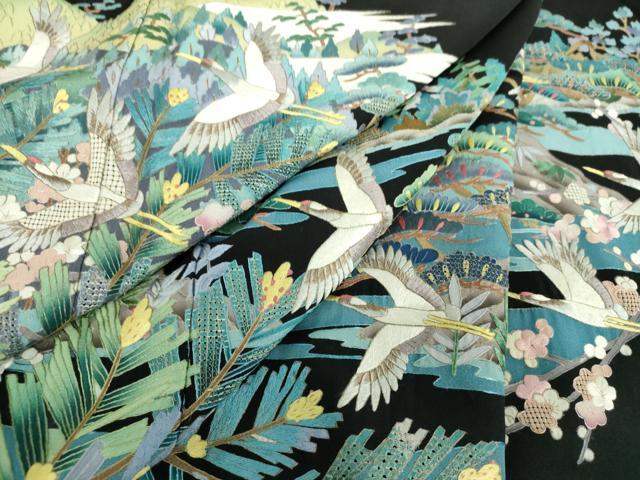 平和屋着物●中国三大刺繍　スワトウ刺繍　汕頭刺繍　総刺繍　黒留袖　飛鶴吉祥花文　金糸　正絹　逸品　DAAX4697ps