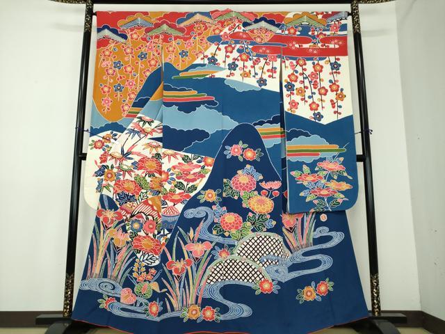 平和屋着物●和染紅型　栗山紅型　栗山吉三郎　振袖　流水風景花文　正絹　逸品　DAAX4701ps