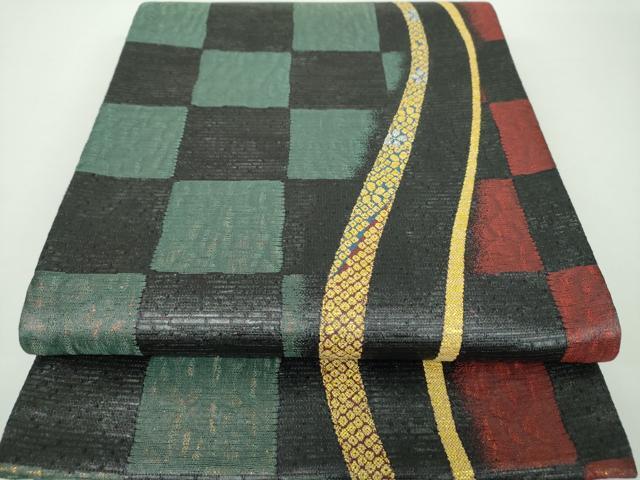 平和屋着物●六通柄袋帯　櫛織り　変わり市松花文　金糸　正絹　逸品　DAAX4736ps