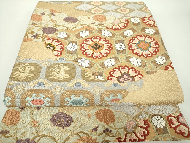 平和屋着物●六通柄袋帯　唐錦　雲取り正倉院文　金糸　正絹　逸品　DAAX4745ps