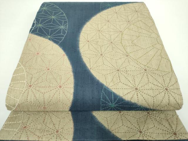 平和屋着物●六通柄袋帯　紬地　刺し子　総刺繍　変わり麻の葉丸文　正絹　逸品　DAAX4751ps