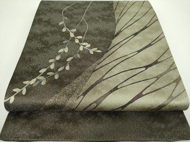 平和屋着物●太鼓柄袋帯　手描き　枝葉文　金彩　銀通し地　正絹　逸品　DAAX4752ps