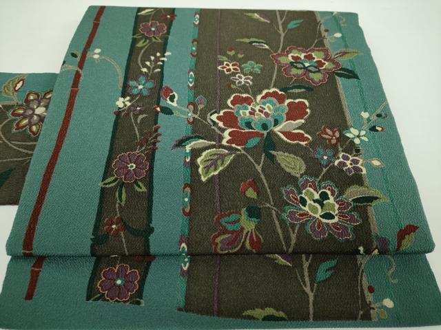 平和屋着物●九寸名古屋帯　更紗花文　鬼しぼ縮緬　金彩　正絹　逸品　DAAX4768ps