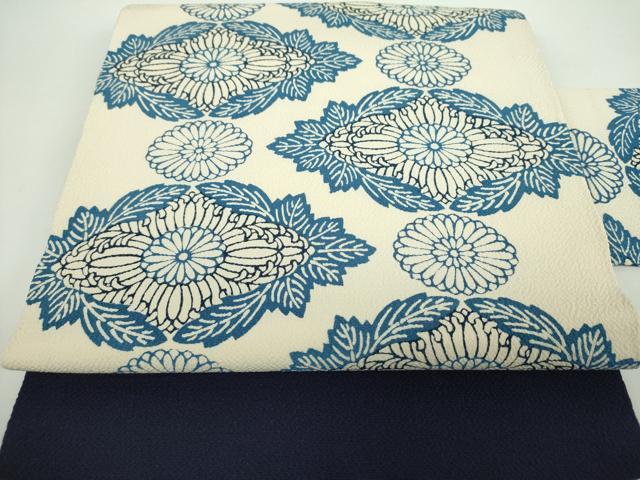 平和屋着物●全通柄九寸名古屋帯　型染　藍　菊菱　乱菊　鬼しぼ縮緬　正絹　逸品　未使用　DAAX4771ps