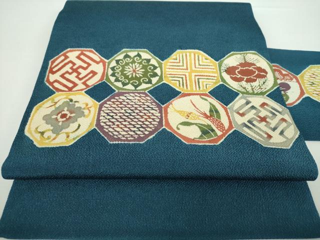 平和屋着物●九寸名古屋帯　型染　亀甲花文　正絹　逸品　DAAX4772ps