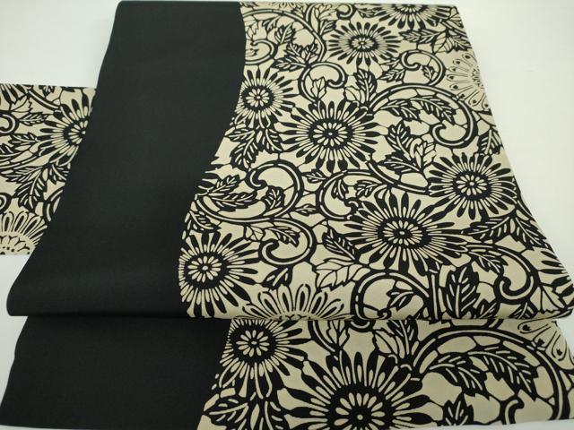 平和屋着物●九寸名古屋帯　伊勢型染　菊唐草　黒地　正絹　逸品　DAAX4773ps
