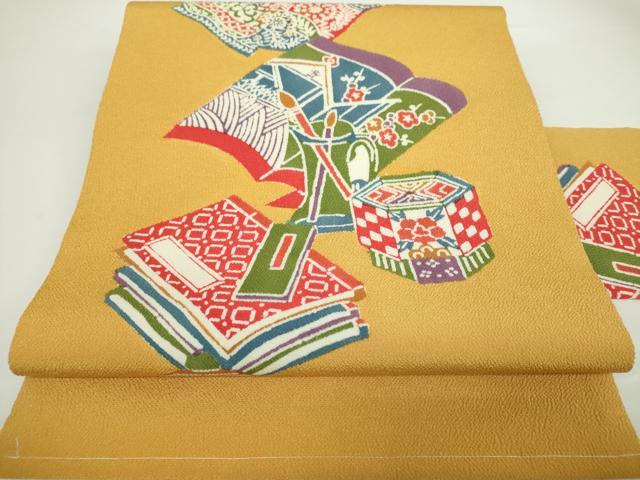 平和屋着物●九寸名古屋帯　型染　冊子花文　鬼しぼ縮緬　正絹　逸品　未使用　DAAX4778ps