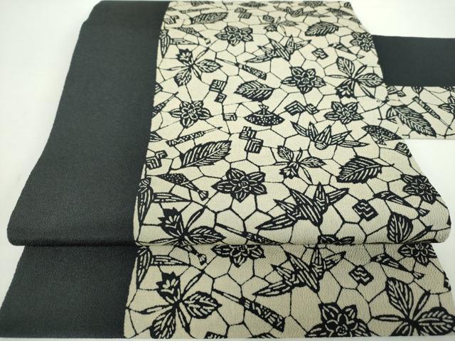 平和屋着物●九寸名古屋帯　作家物　伊勢型染　舞扇花文　鬼しぼ縮緬　正絹　逸品　未使用　DAAX4779ps