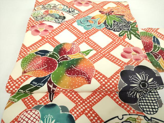 平和屋着物●塩瀬　九寸名古屋帯　型染　地紙花鳥文　正絹　逸品　DAAX4780ps