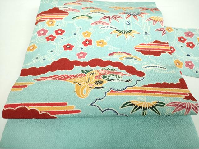平和屋着物●九寸名古屋帯　型染　松竹梅　雲取り飛鶴文　鬼しぼ縮緬　正絹　逸品　DAAX4781ps