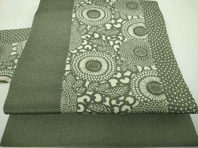 平和屋着物●九寸名古屋帯　型染　菊唐草　鬼しぼ縮緬　正絹　逸品　未使用　DAAX4786ps
